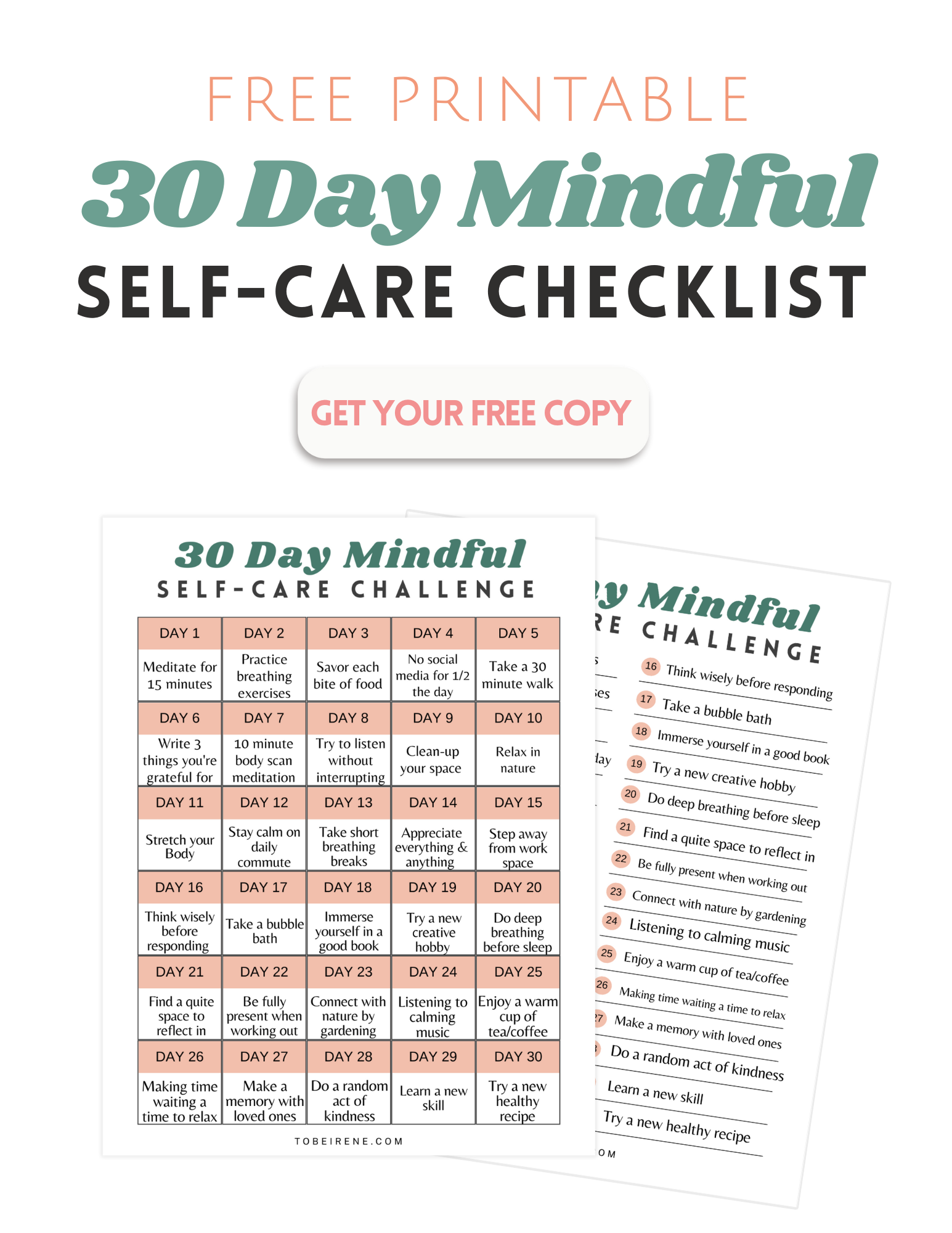 30 Day Self-Care Checklist for Inner Peace(FREE PRINTABLE)
